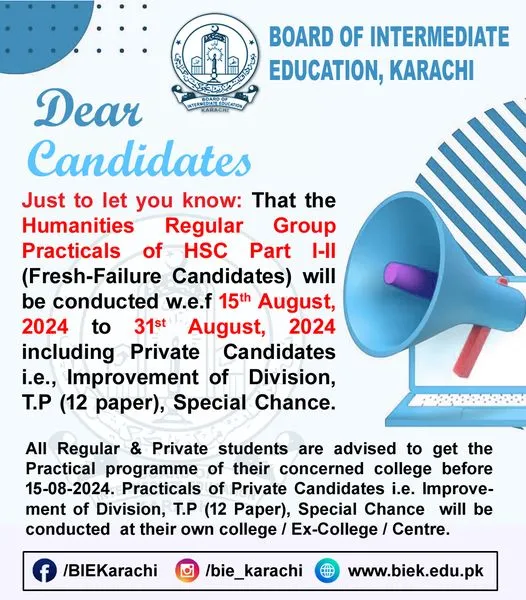 BIEK Karahi Board Inter Practical Exam 2024 Schedule