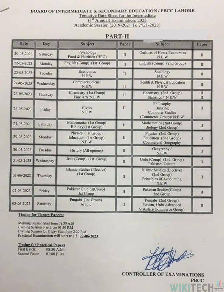 BISE Faisalabad Board 2nd Year Date Sheet 2023 PDF FSD Board
