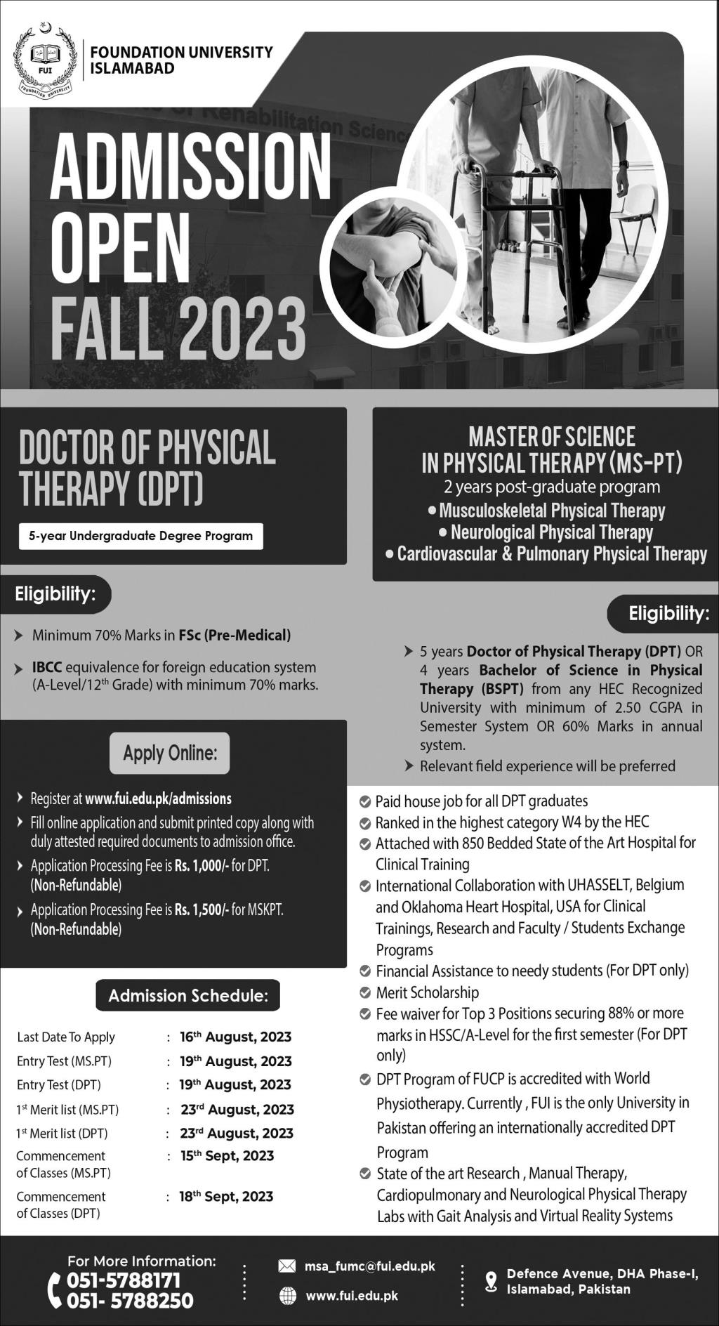 FUI Admission in DPT and MSPT Fall 2023
